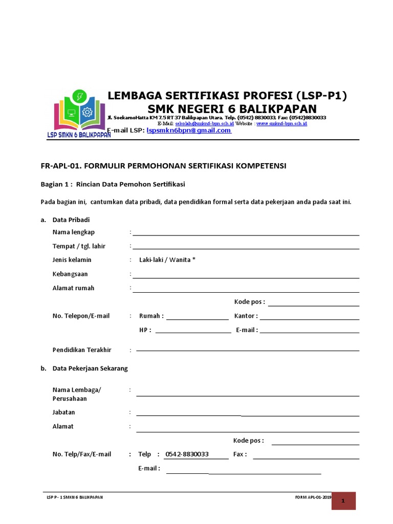 Fr-Apl-01 Formulir Permohonan Sertifikasi Kompetensi | PDF
