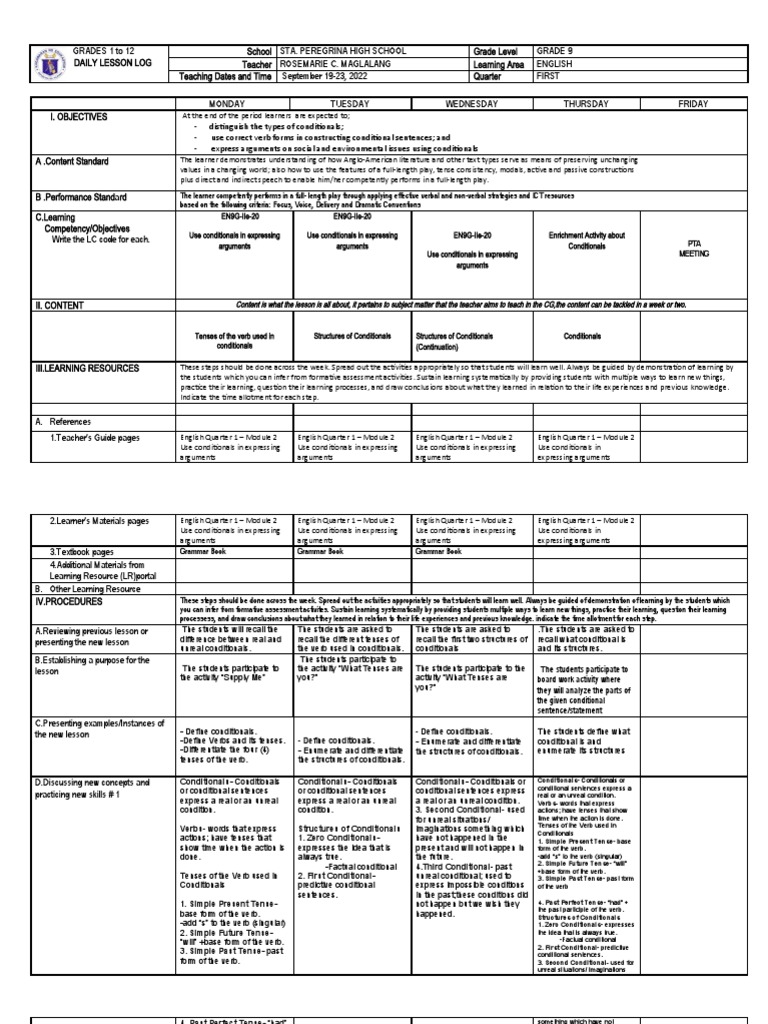 DLL-September 19-23,2022 | PDF | Perfect (Grammar) | Verb
