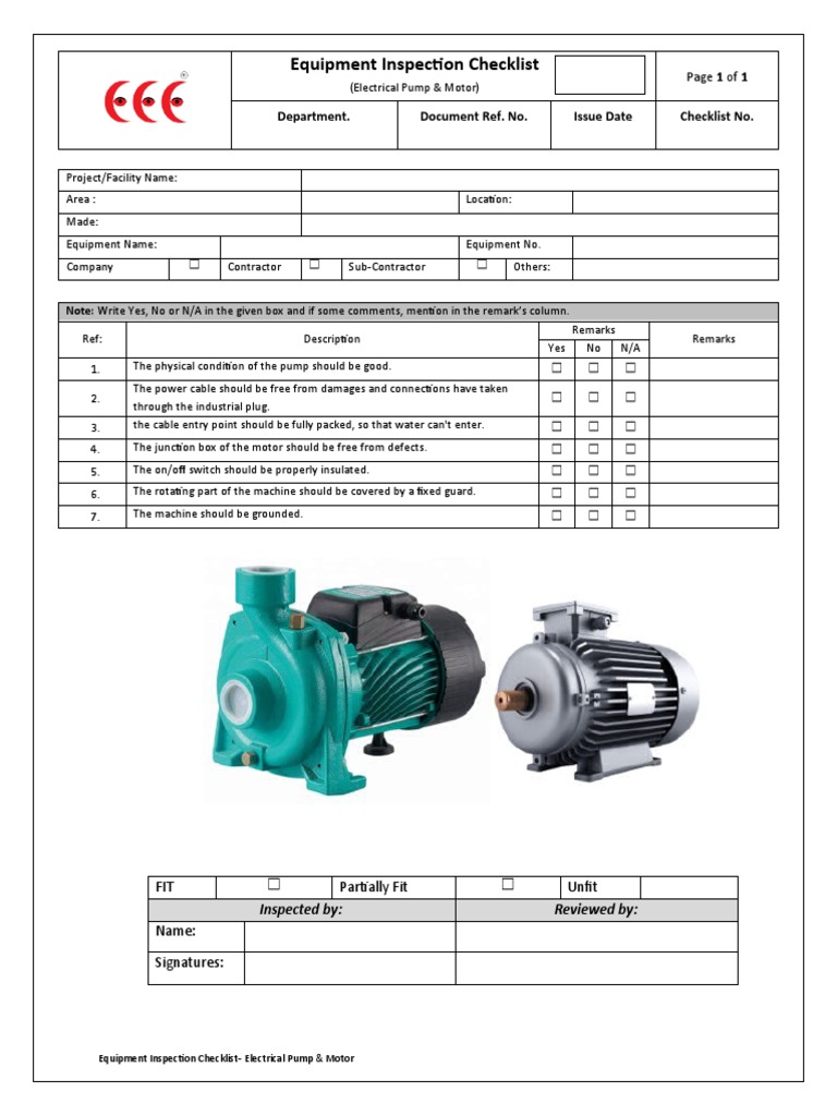 Electrical Pump & Motor Inspection Checklist | PDF | Manufactured Goods | Mechanical Engineering