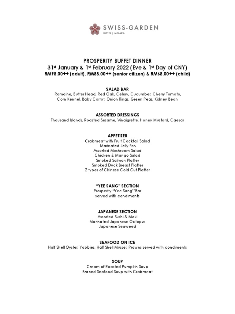 2022 Prosperity Buffet Dinner Menu | PDF | Sauce | Salad