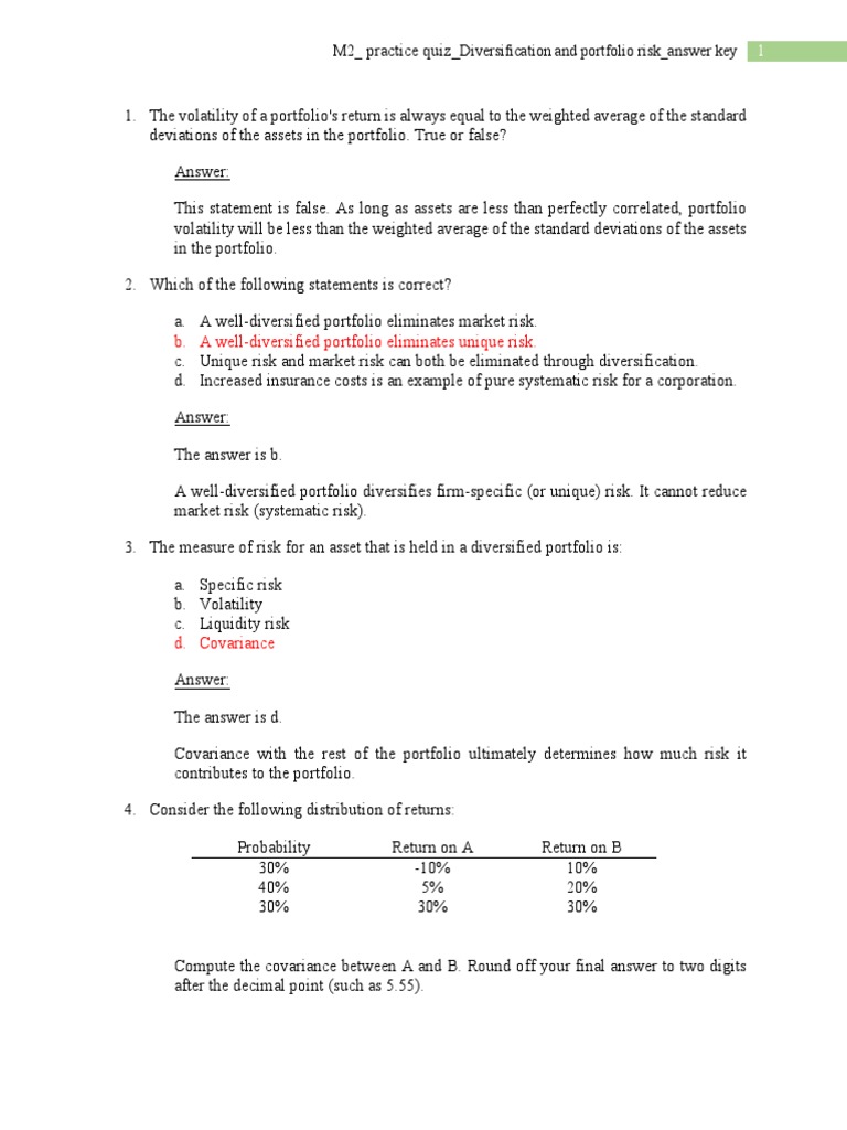 M2 - Practice Quiz - Diversification and Portfolio Risk - Answer Key | PDF