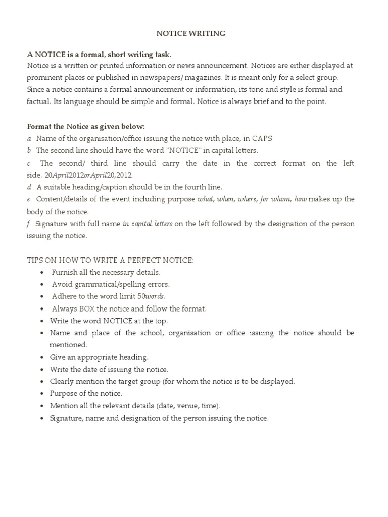 Notice Writing Format Notes | PDF | Letter Case | Linguistics