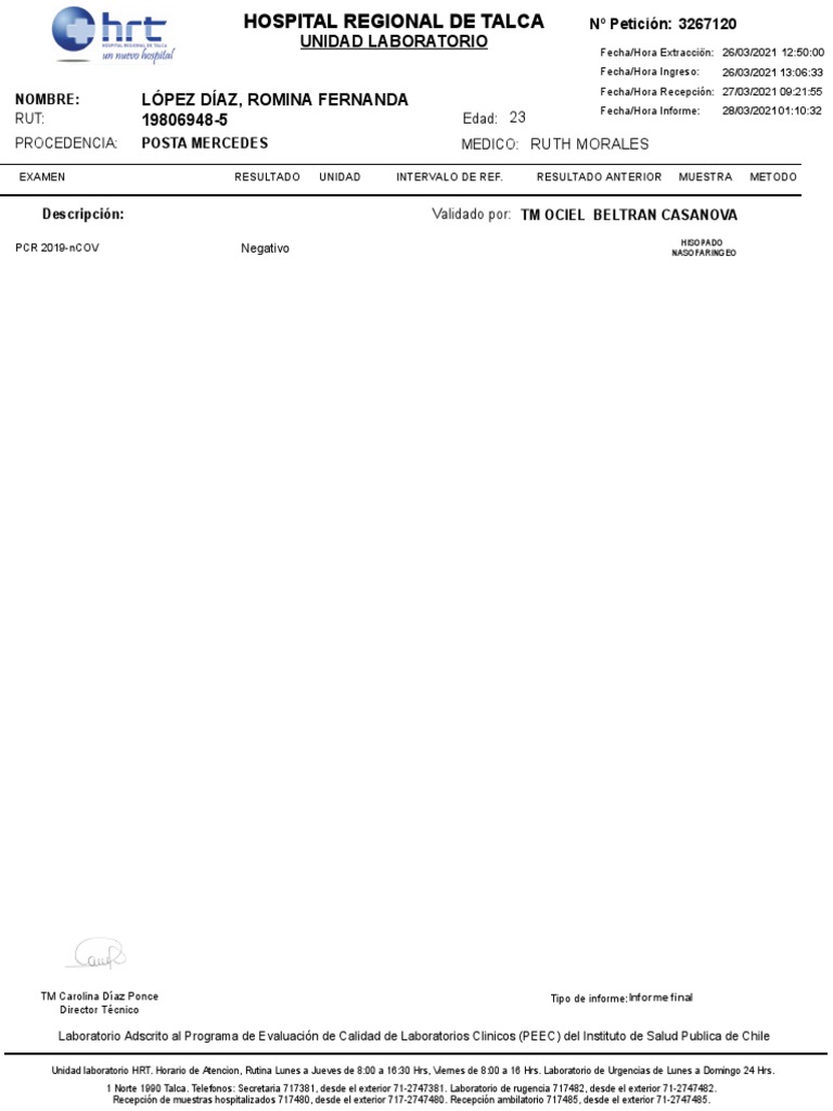 Informe PCR Negativo COVID-19 Talca | PDF | Ciencias de la Salud | Medicina