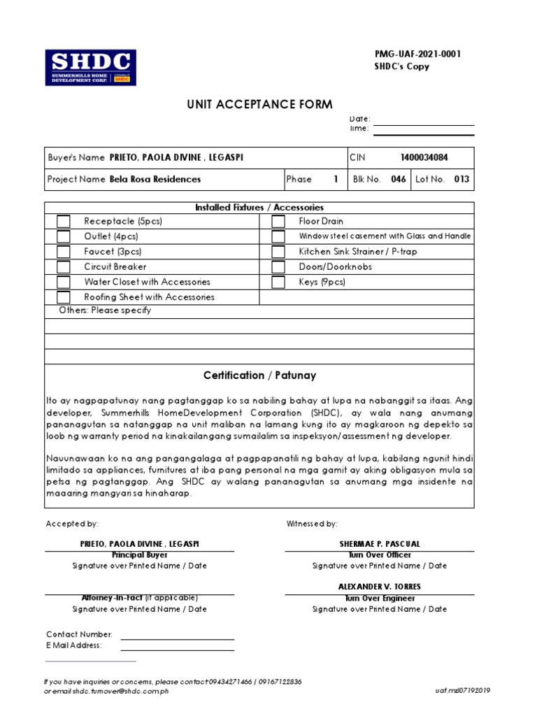 Unit Acceptance Form | PDF | Building Engineering | Building Materials Unit Acceptance Form | PDF | Building Engineering | Building Materials