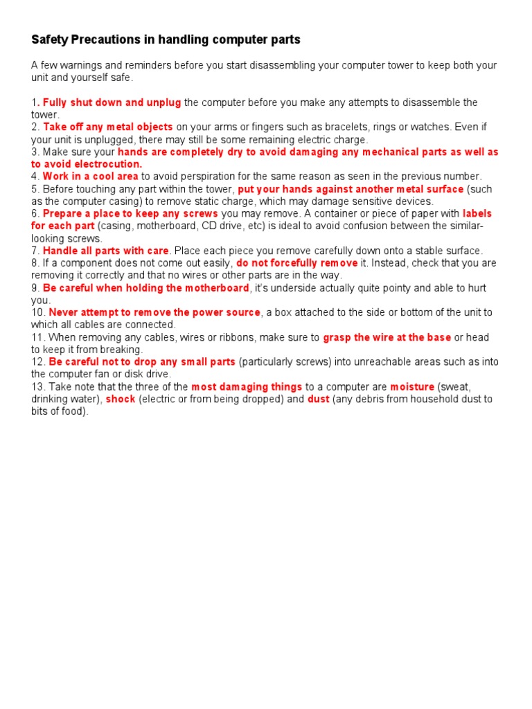 Safety Precautions in Handling Computer Parts | PDF