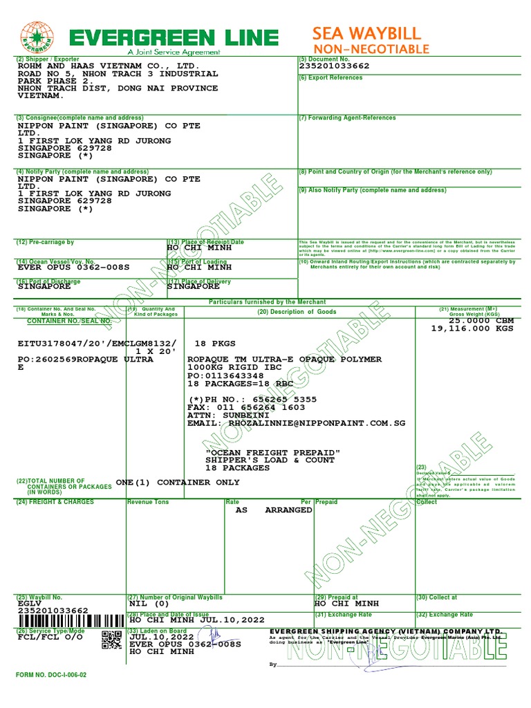 Sea Waybill: Non-Negotiable | PDF | Shipping | Supply Chain Management