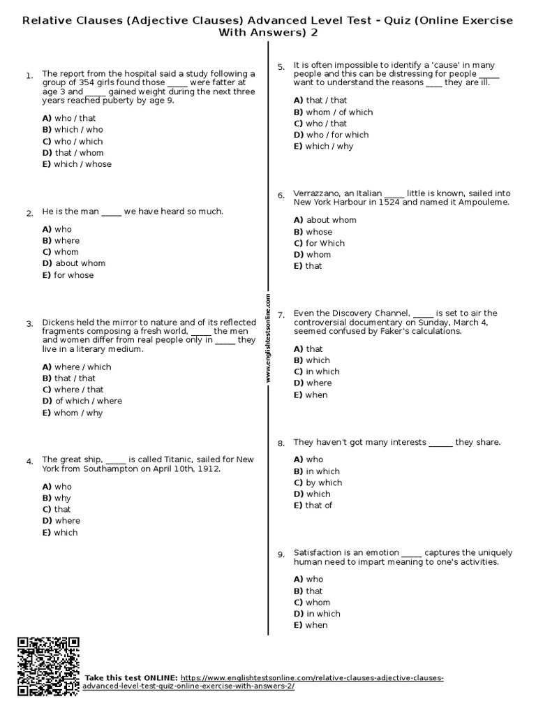 344 - Relative Clauses Adjective Clauses Advanced Level Test Quiz ...
