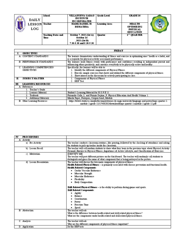 DLL Hope Grade 11 QTR 1 Week 3 | PDF | Physical Fitness | Teachers