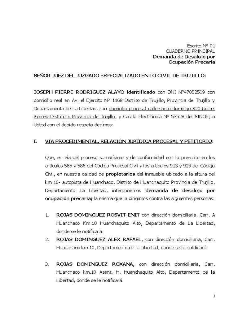 Demanda de Desalojo Por Ocupación Precaria EXP 1656-2022 | PDF | Caso ...