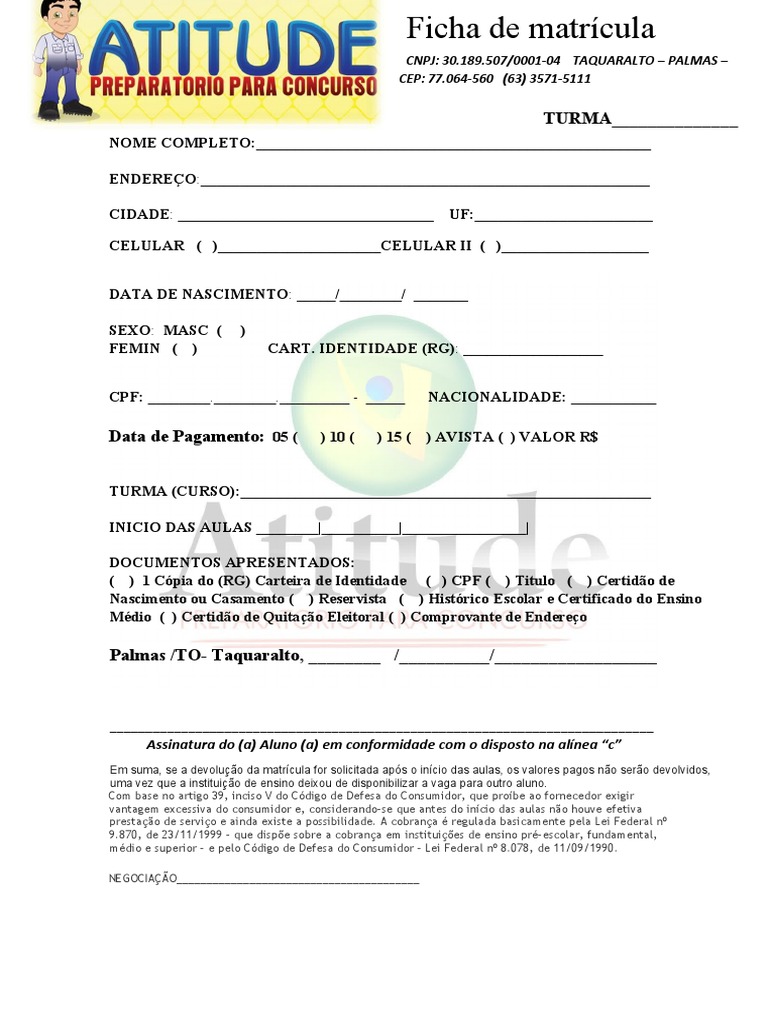 Ficha de Matrícula Escolar em Palmas | PDF