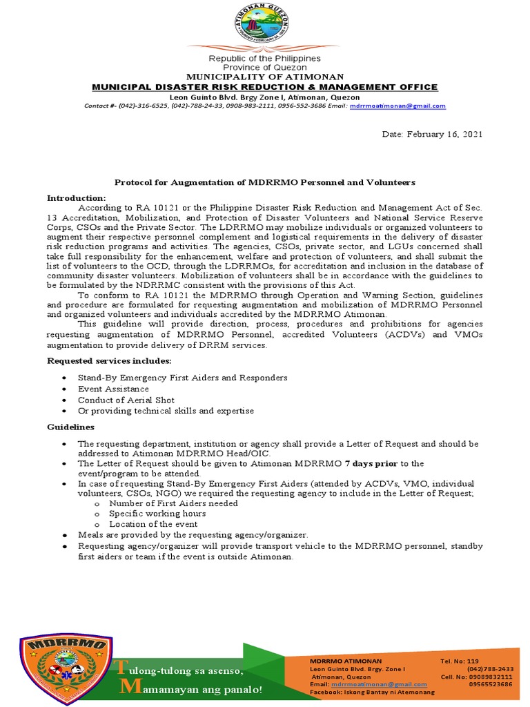 MDRRMO Protocol for Augmenting Personnel | PDF | Emergency Management ...