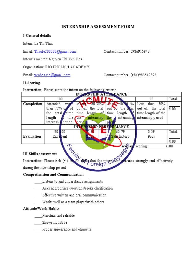 Internship Assessment Form | PDF | Cognitive Science | Communication