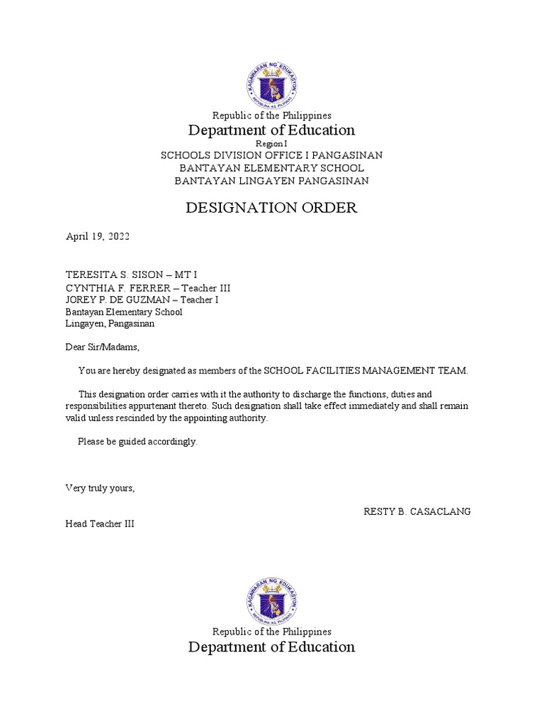 BES - Designation Order Facilities Management Team | PDF