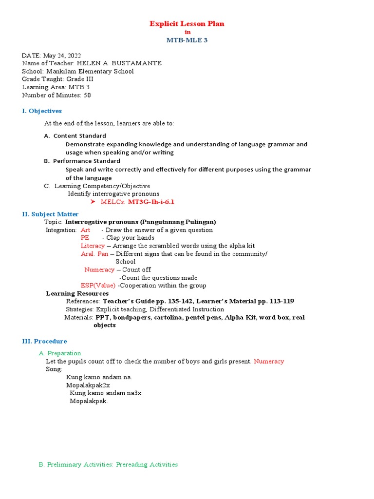 Explicit Lesson Plan in MTB3-COT1 | PDF | Lesson Plan | Literacy