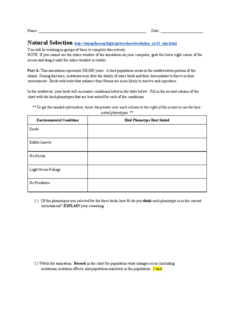 Bird Population Virtual Lab | PDF | Evolution | Natural Selection