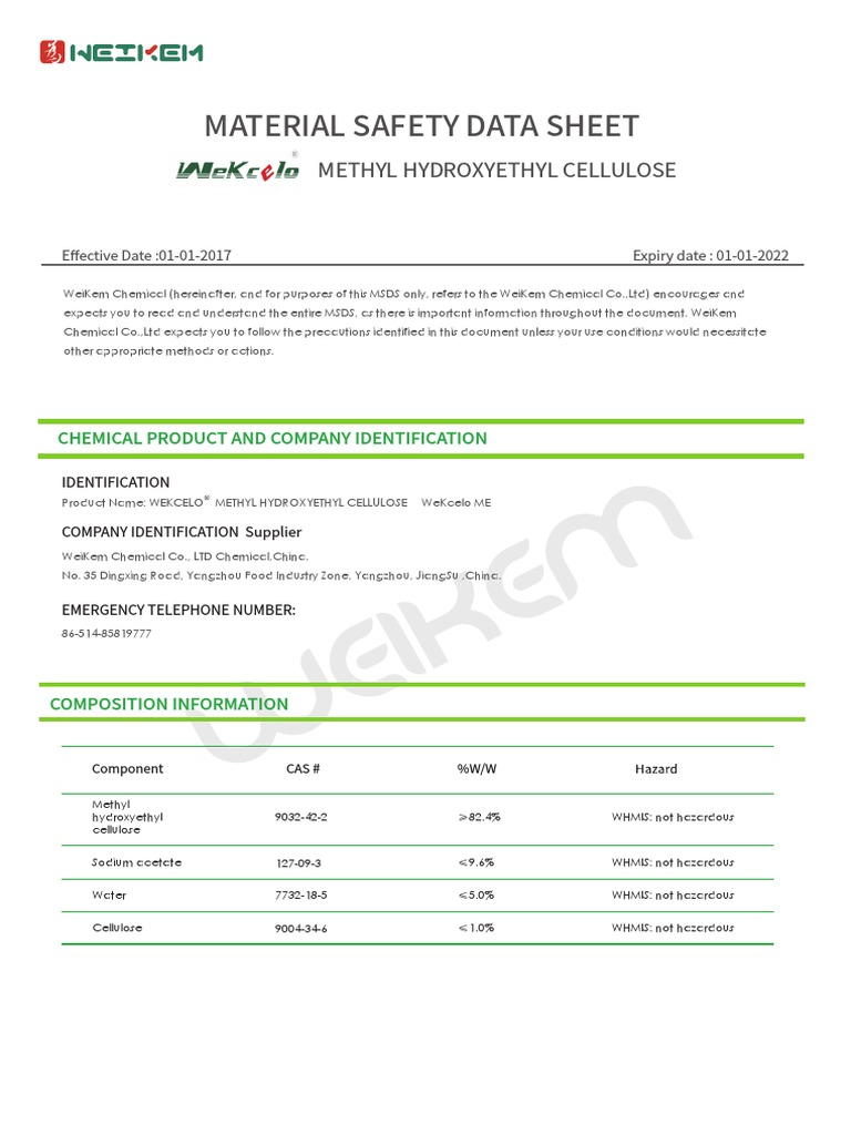 Safety Data Sheet for Methyl Hydroxyethyl Cellulose Powder | PDF ...