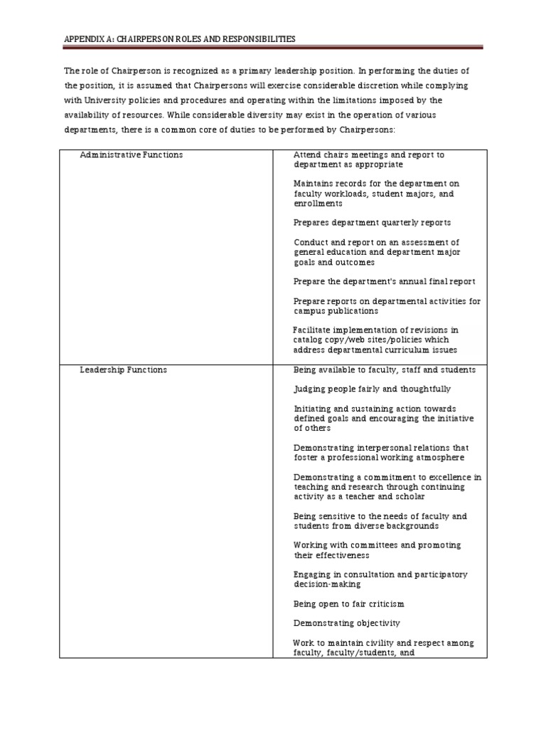 Appendix A Chairperson Roles Functions | PDF Appendix A Chairperson Roles Functions | PDF
