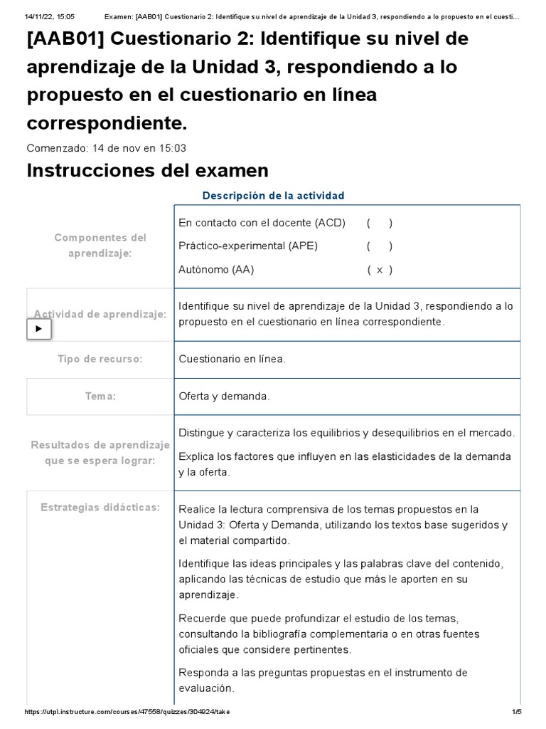 Examen - (AAB01) Cuestionario 2 - Identifique Su Nivel de Aprendizaje de La Unidad 3 ...