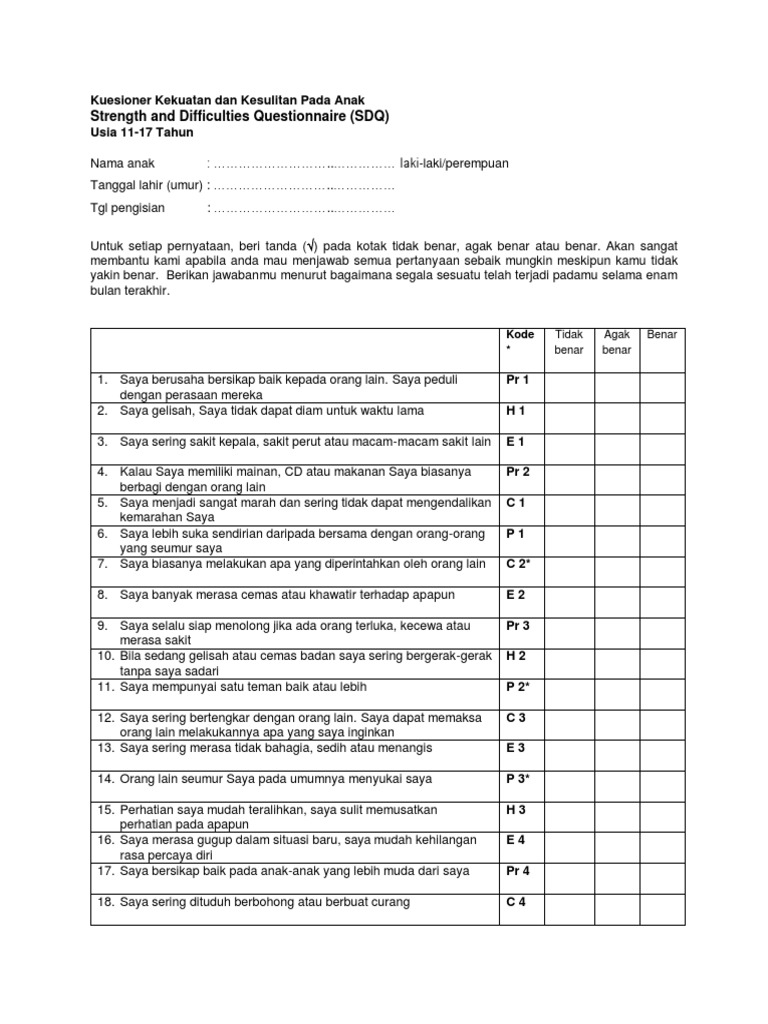 Kuesioner SDQ untuk Anak Usia 11-17 | PDF | Kesehatan Holistik