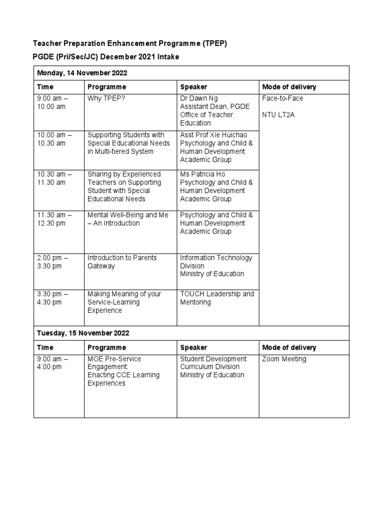 TPEP Schedule - Nov 2022 | PDF