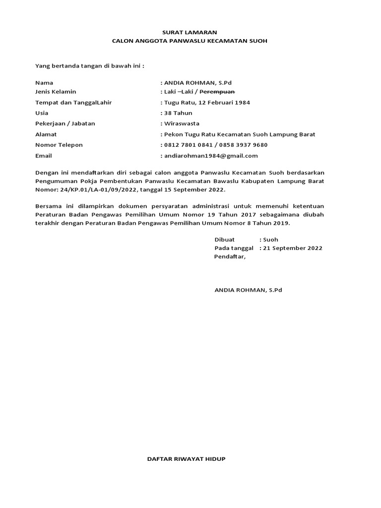 SURAT LAMARAN PANWAS Isi | PDF