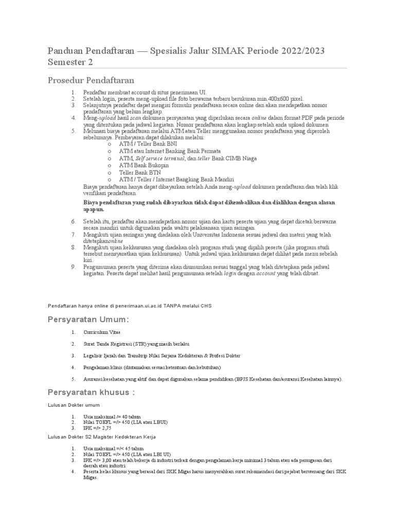 Panduan Pendaftaran UI Sp. OK | PDF