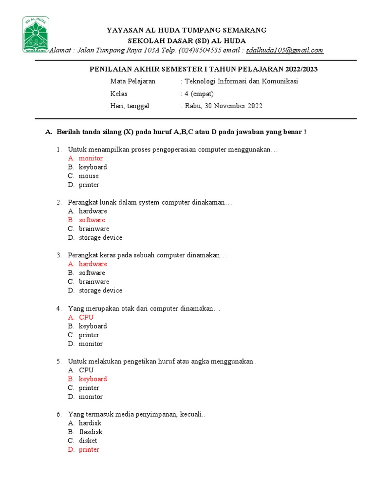 Soal PAS TIK Kelas 4 SD | PDF