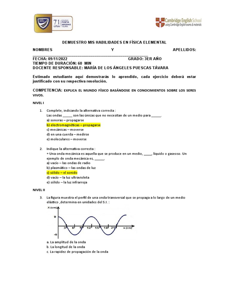 Examen Física Elemental 3er Año Viiu | PDF | Olas | Frecuencia