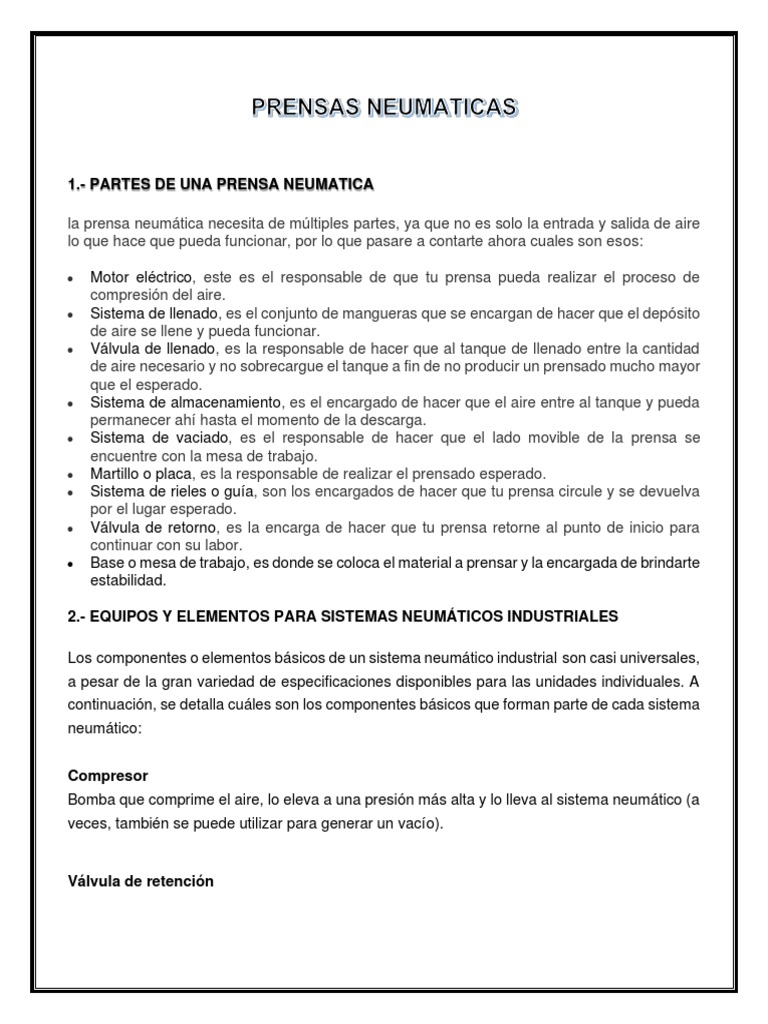 Partes fundamentales de una prensa neumática y sus aplicaciones | PDF ...