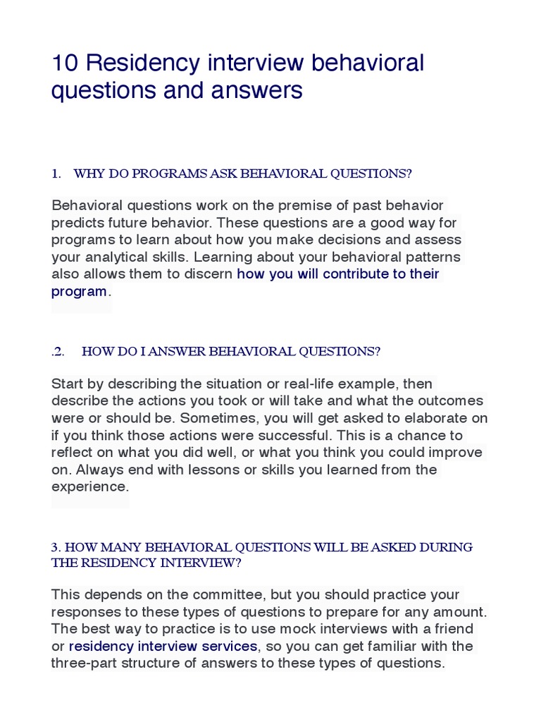 10 Residency Interview Behavioral Questions | PDF | Patient | Medical ...