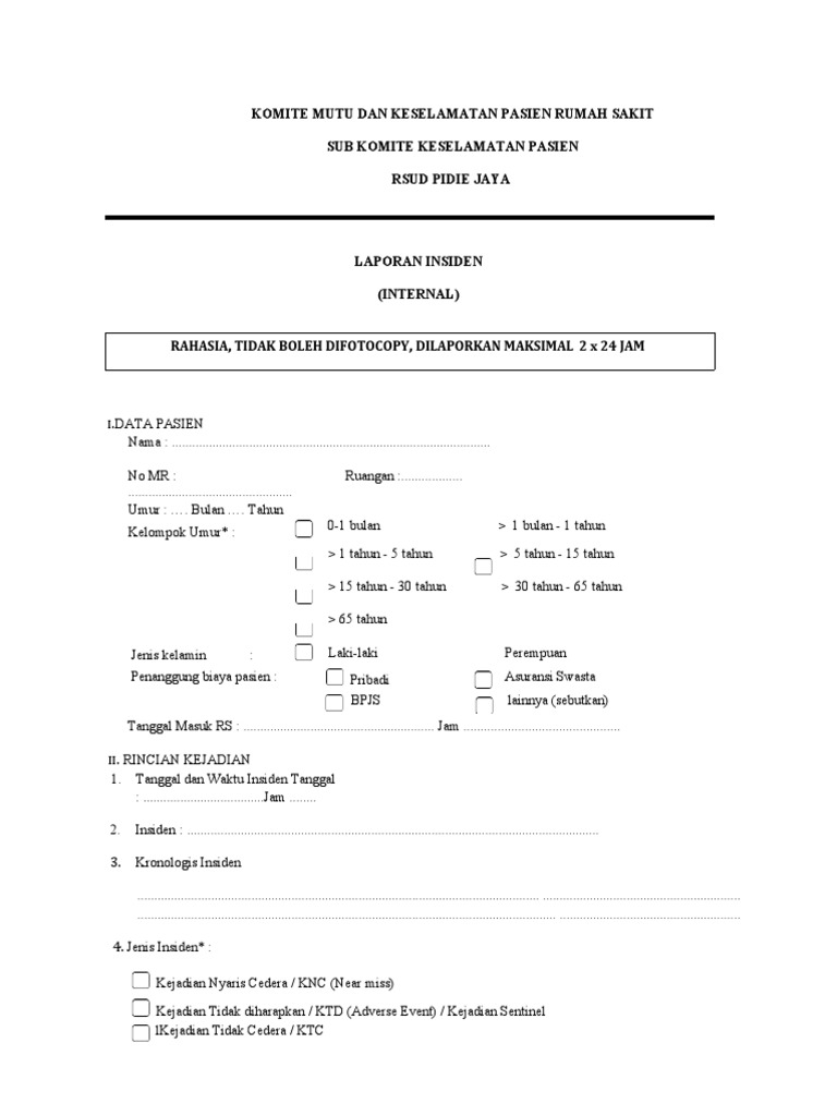 Formulir Laporan Insiden Keselamatan Pasien | PDF