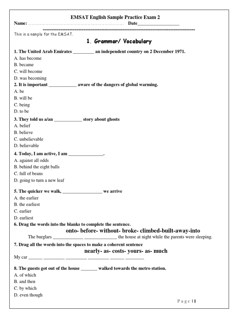 EMSAT English Sample Practice Exam 2 Complete | PDF | Snow | English ...