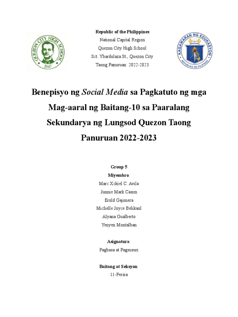 Benipisyo NG Social Media Sa Pagkatuto NG Mga Mag-Aaral NG Grade 10 Sa ... Benipisyo NG Social Media Sa Pagkatuto NG Mga Mag-Aaral NG Grade 10 Sa ...