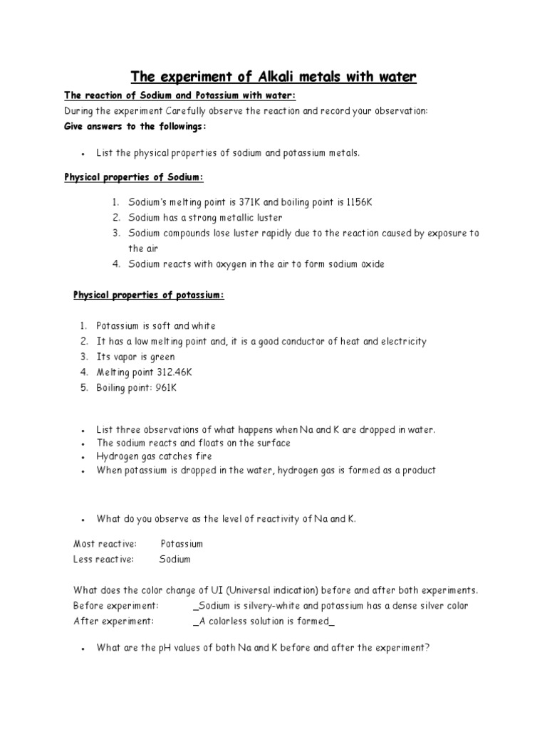 Alkali Metals Reaction with Water Observations | PDF | Sodium Hydroxide ...