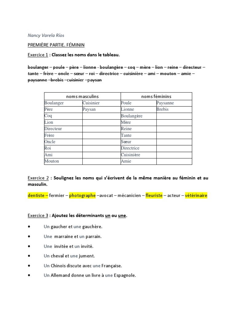 Exercices sur le Genre et le Nombre | PDF