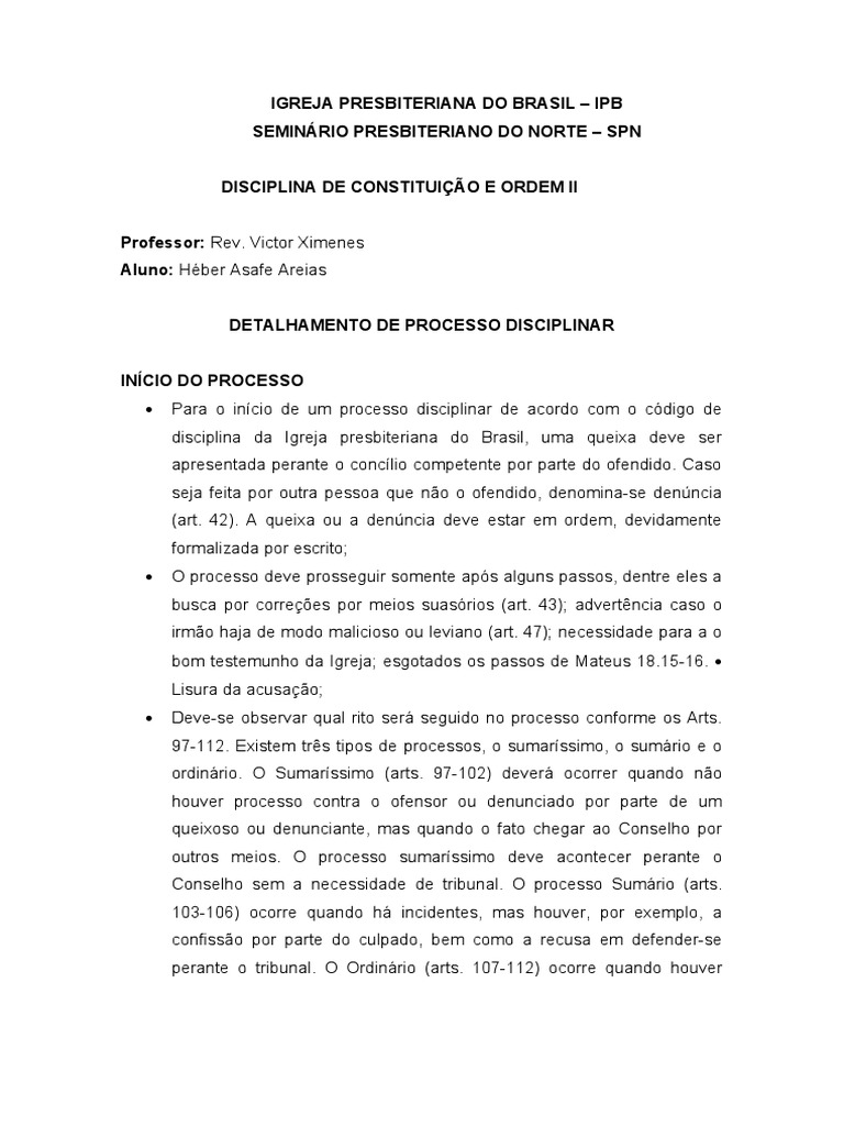 Procedimentos Disciplinares na Igreja Presbiteriana do Brasil ...
