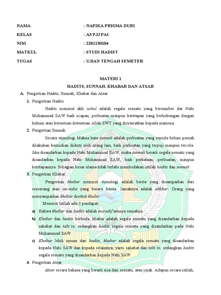 Uts Studi Hadist - 2281120104 - Rika Hermayulis | PDF | Kajian Bahasa Asing | Agama & Spiritualitas