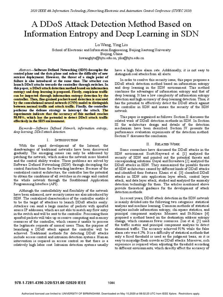 A DDoS Attack Detection Method Based On Information Entropy and Deep Learning in SDN | PDF ...