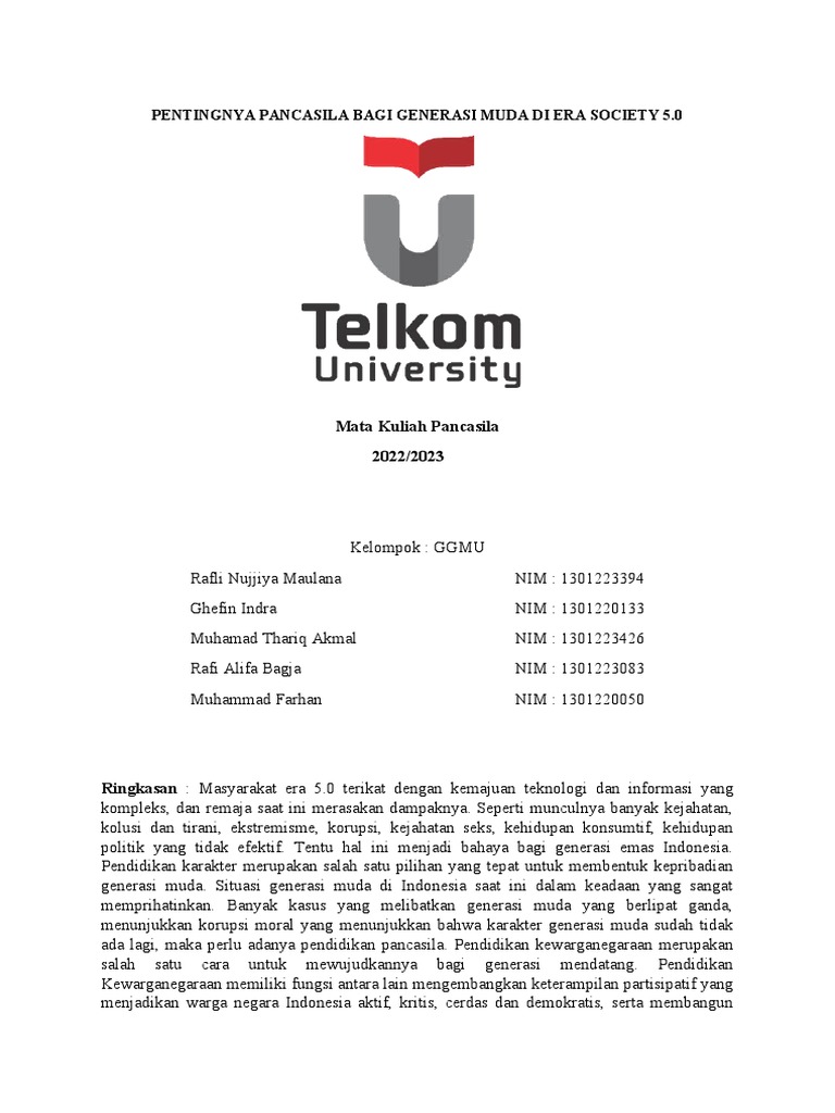Pentingnya Pancasila Bagi Generasi Muda Di Era Society 5.0 | PDF
