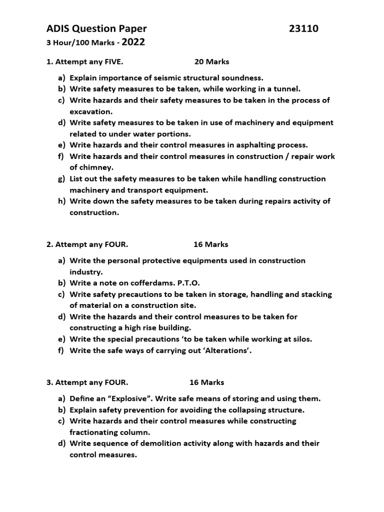 ADIS Question Paper 2022 - 23110 - 03 | PDF | Demolition | Safety