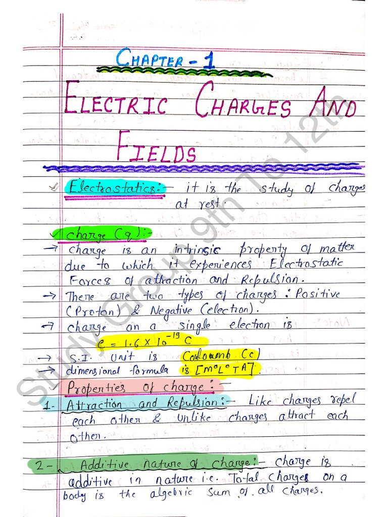 Chapter 1 Electric Charges And Fields Class 12th Physics Handwritten Pdf Notes Cbse Board 2023 