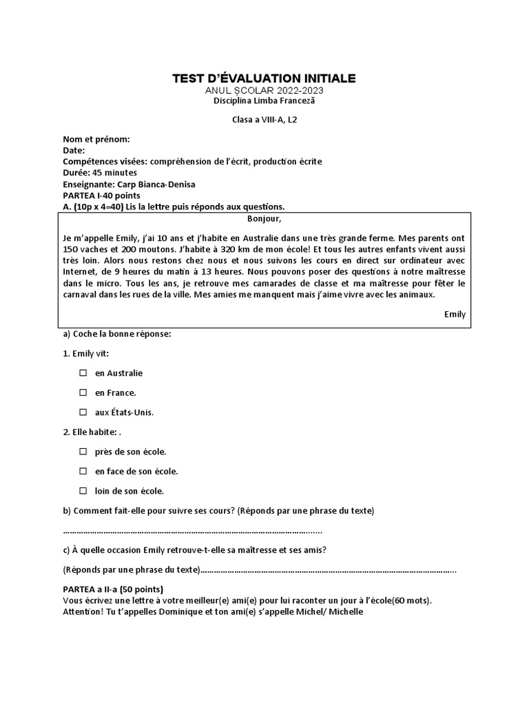 Test d'évaluation en français Cl. VIII-A | PDF | Cognition ...