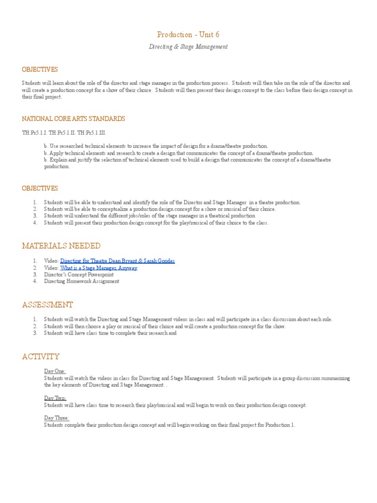 Directing Lesson Plan | PDF | Lesson Plan | Design