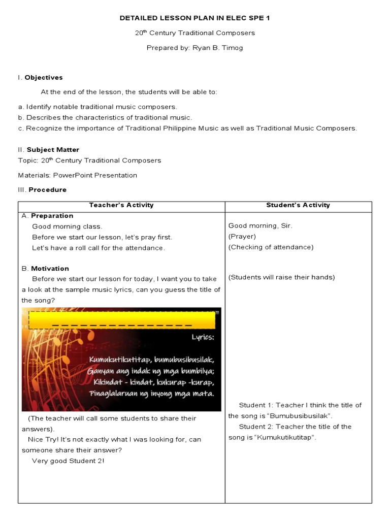 Detailed Lesson Plan Elec Spe | PDF | Composers | Orchestras