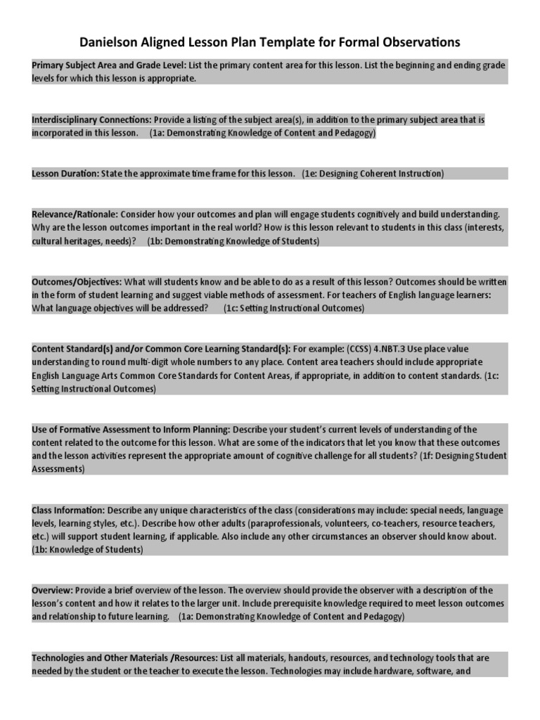 Danielson Aligned Lesson Plan Template For Formal Observations | PDF ...
