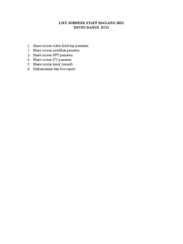 Jobdesk Staff Magang Divisi PDDM | PDF