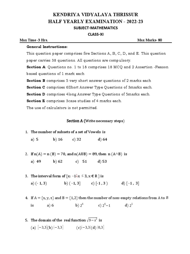 Kendriya Vidyalaya Thrissur Half Yearly Examination - 2022-23 | PDF