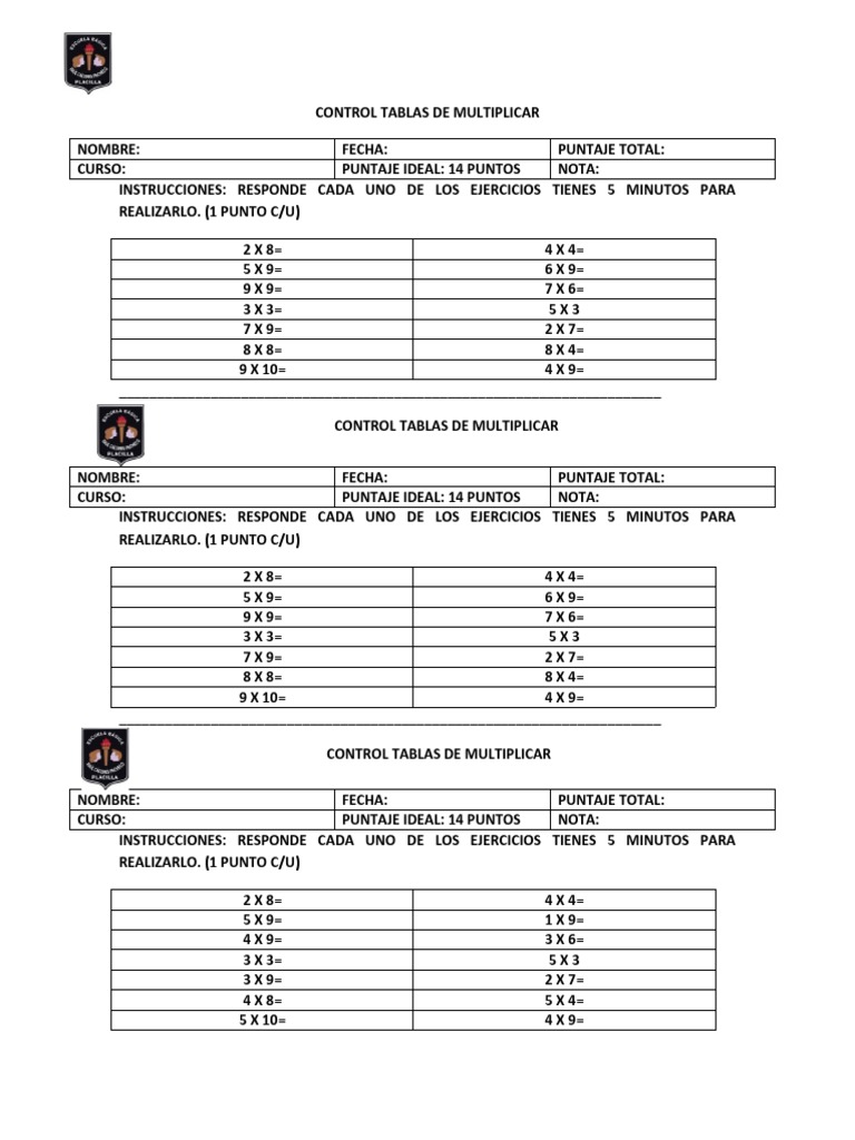 Control Tablas de Multiplicar | PDF