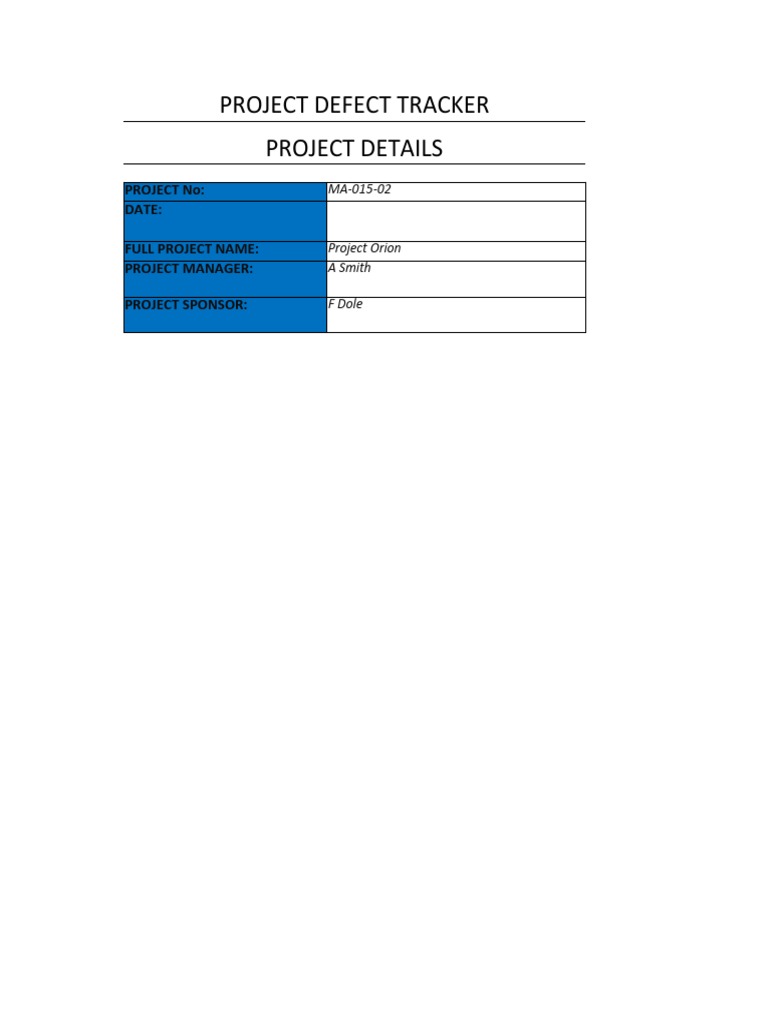 Project Orion Defect Tracker Issue Log Capturing Five Open Defects Being Addressed By