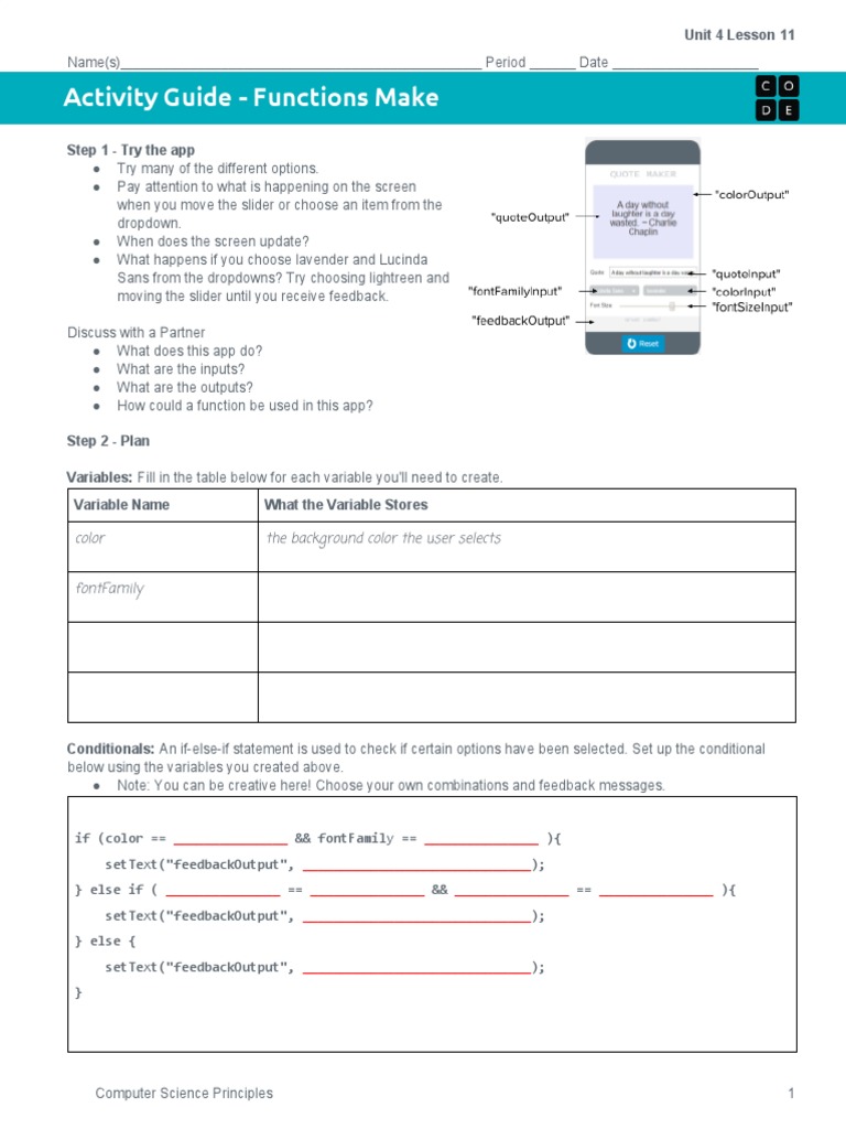 Activity Guide Functions Make Unit 4 Lesson 11 Pdf Subroutine Systems Engineering